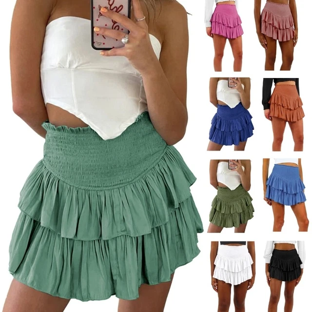 SOLID COLOR MINI Skirt for Women Smocked High Waist Tiered Ruffle ...