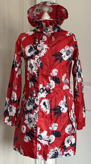 JOULES GO LIGHTLY Red Posy Waterproof Packable Rain Mac Parka Size 8 ...