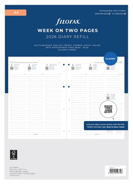 FILOFAX A4 2026 Diary Refill Week on Two Pages Appointments 5 Lang 26 ...