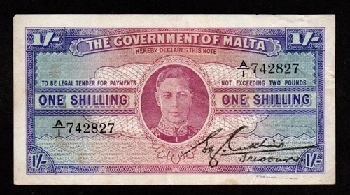 MALTE - BILLET de trésorier d'un shilling signé E. Cuschieri roi George ...