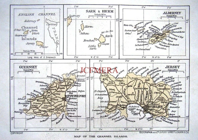 MAP OF THE CHANNEL ISLANDS 1924 - Vintage Hutchinson's 'Britain ...