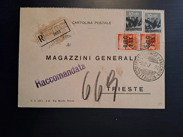 CARTOLINA RACCOMANDATA DA Trieste per citta 1947 AMG FTT EUR 5,00 ...