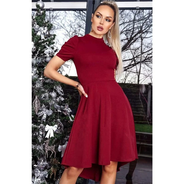 ELEGANTE VESTIDO SKATER Con Cortas Manga de Globo Burdeos #MK2967 EUR ...