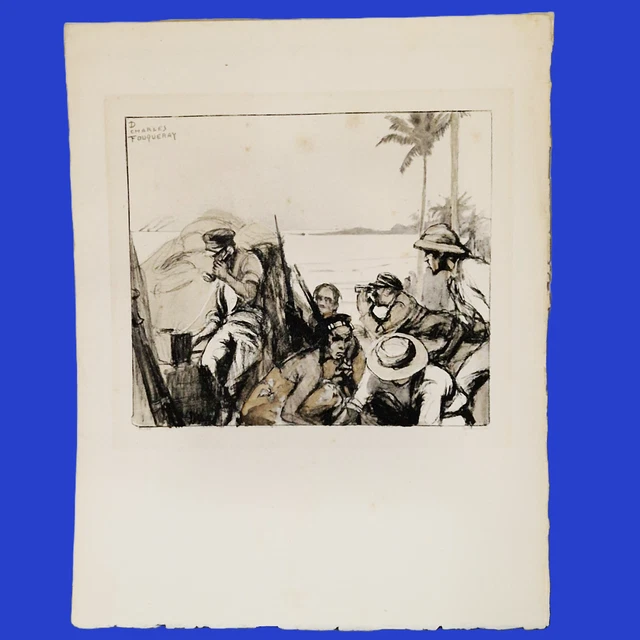 GRAVURE LITHOGRAPHIE DESSIN estampe soldats défense île signé Charles Fouqueray EUR 120,00 ...