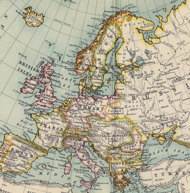 1912 ANTIQUE MAP Of Europe / Germany Austria Hungary Russia France ...