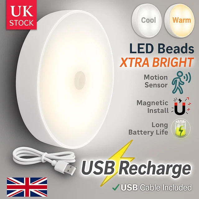 LED MOTION SENSOR Light PIR USB Recharging Magnetic Wall Cabinet Night ...