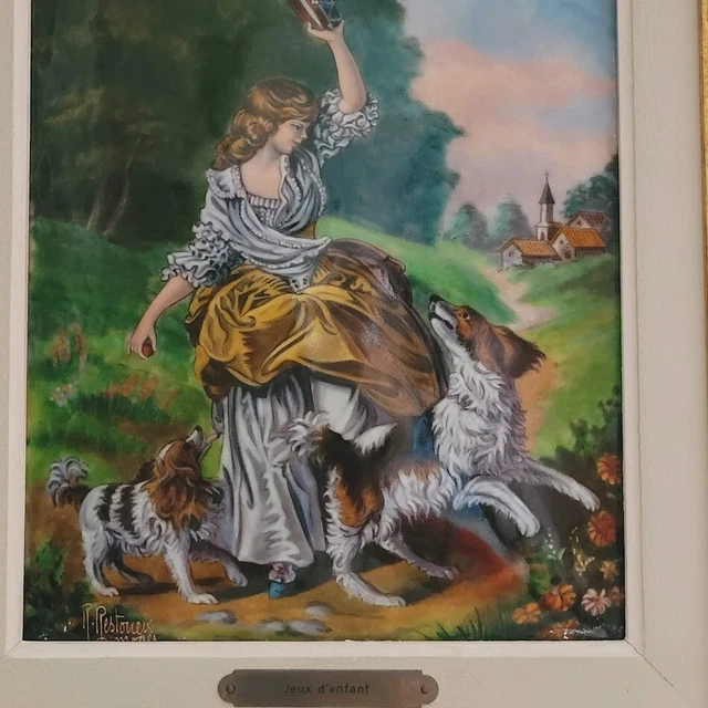 ÉMAUX DE LIMOGES , signé R.Restoueix , tableau encadrement bois doré ...