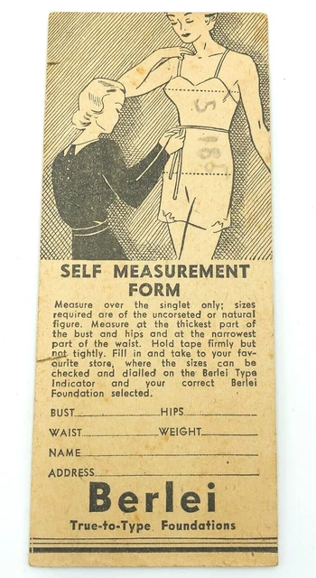 VINTAGE BERLEI TRUE-TO-TYPE Self Measurement Form Advertising Card ...
