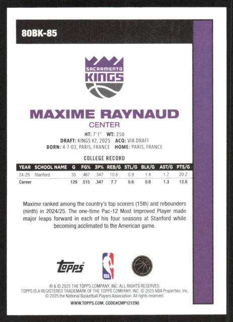 2025-26 TOPPS BASKETBALL Maxime Raynaud Rookie Sacramento Kings #80BK ...