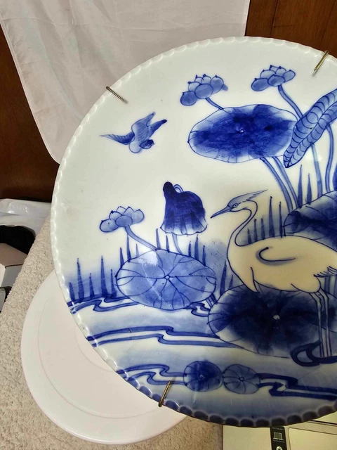 JAPANESE/CHINESE? BLUE & WHite Porcelain Plate Crane Heron Bird & Lotus ...