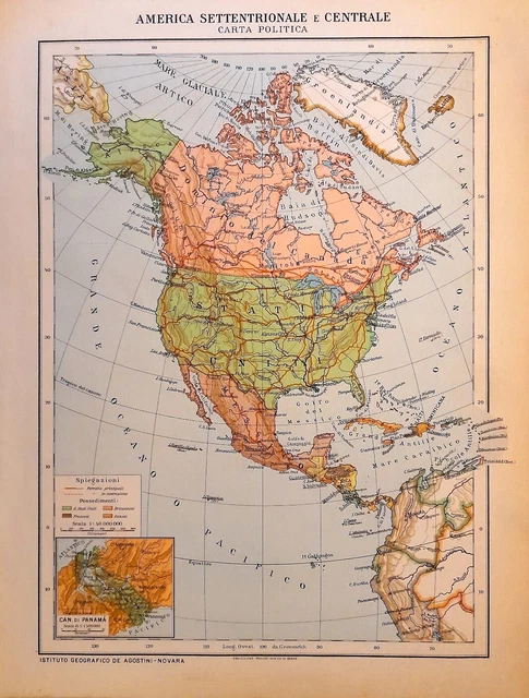 CARTA GEOGRAFICA ANTICA AMERICA NORD CENTRO ante 2° guerra mon. 1931 ...