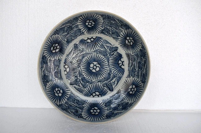 ANTIQUE CHINESE BLUE White Starburst Porcelain Plate Qing Dynasty 10.5 ...