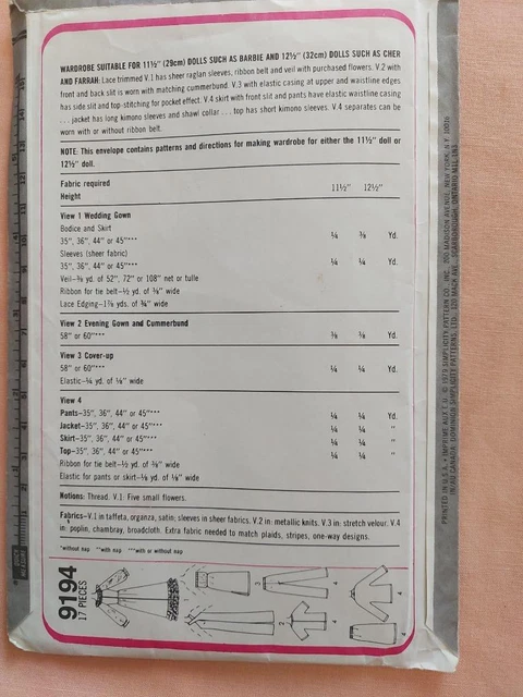 SIMPLICITY 9194 VINTAGE Barbie Doll Wardrobe Pattern $12.99 - PicClick CA