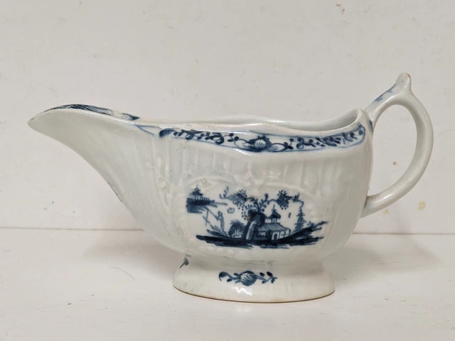 ANTIQUE LOWESTOFT BLUE & White "Little Fisherman" Porcelain Sauceboat C ...