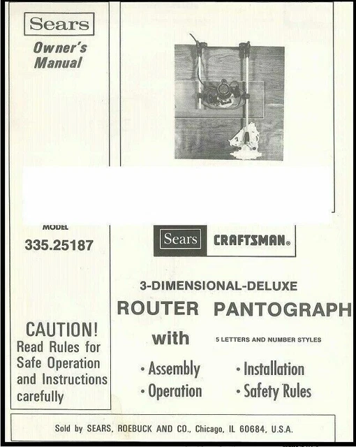 DELUXE ROUTER PANTOGRAPH Operators Manual Fits 1978 Craftsman 3D 335. ...