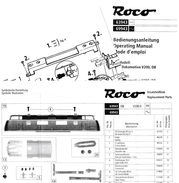 ROCO H0 LOKOMOTIVEN, Bedienungsanleitung Ersatzteilliste, BR V200 Art ...