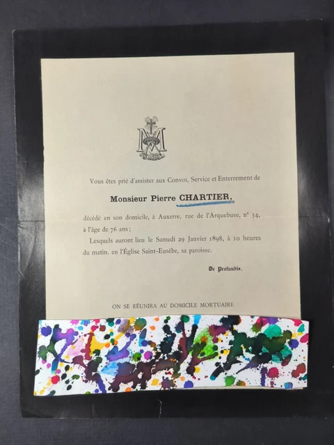 FAIRE-PART DÉCÈS, PIERRE Chartier, 1822-1898, Auxerre, Yonne EUR 15,00 ...