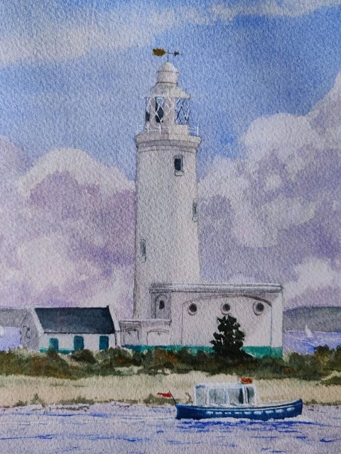 SHEILA HUNT WATERCOLOUR 'Hurst Castle Lighthouse' Listed British Artist ...