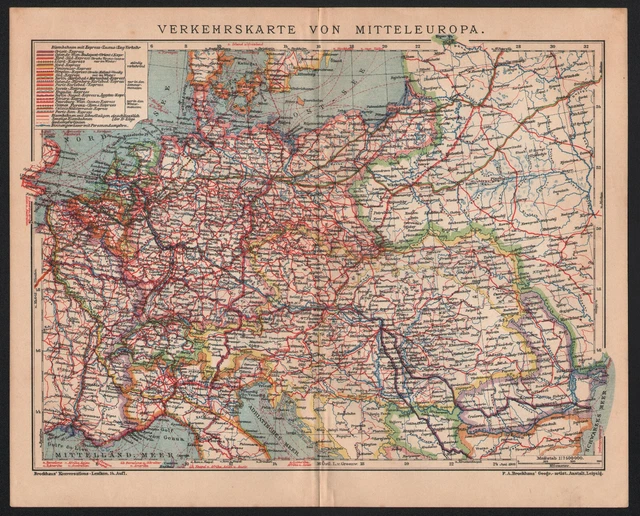 ANTIQUE MAP. EUROPE. TRANSPORT NETWORK MAP OF CENTRAL EUROPE. 1909 £5. ...