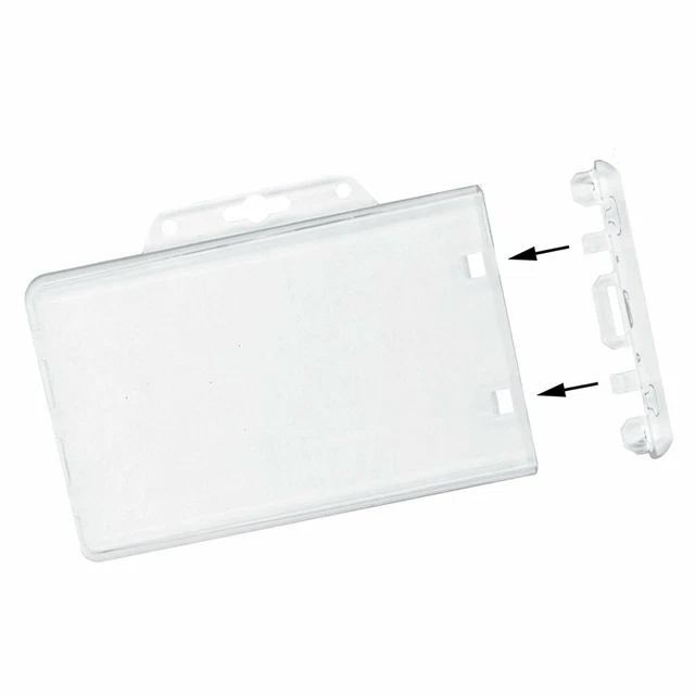 100 CLEAR HORIZONTAL Permanent Locking ID Card Badge Holders Hard Rigid ...