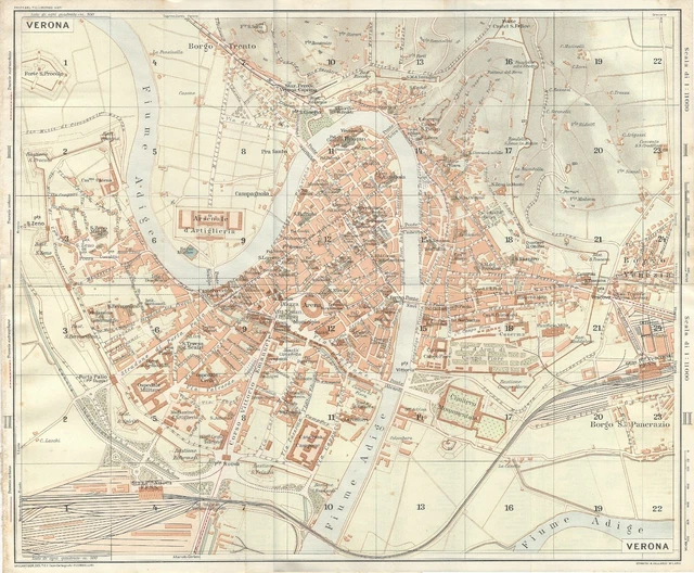CARTA GEOGRAFICA ANTICA VERONA Pianta della città TCI 1920 Old antique ...