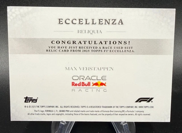 TOPPS FORMULA ONE Eccellenza 2025 F1 # Max Verstappen Relic Patch Race ...