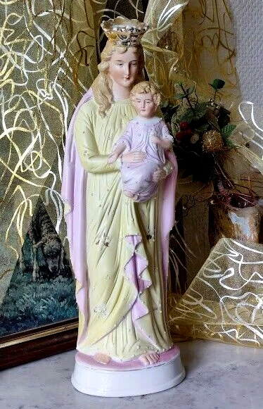 GRANDE STATUE SAINTE Vierge Marie Enfant Jesus Porcelaine Biscuit ...