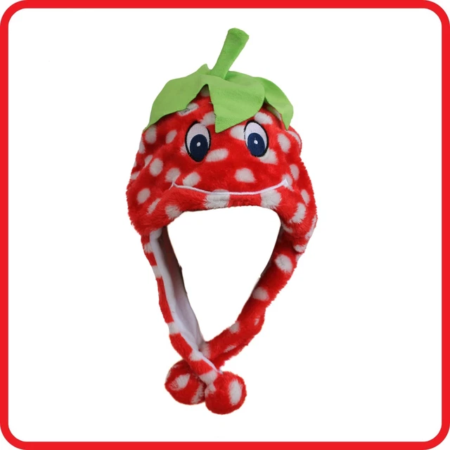 BIG STRAWBERRY BERRY Fruit Vegetable Plush Fluffy Hooded Hat Cap Beanie ...