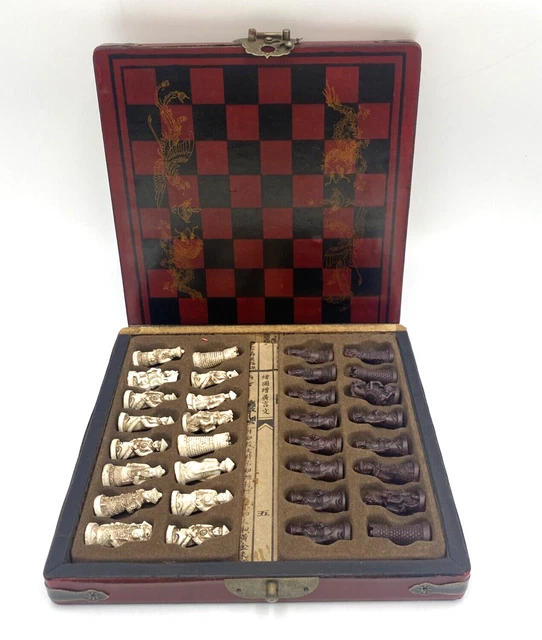 VINTAGE CHINESE RESIN Chess Set In Dragon Box Unusual Piece - Box ...