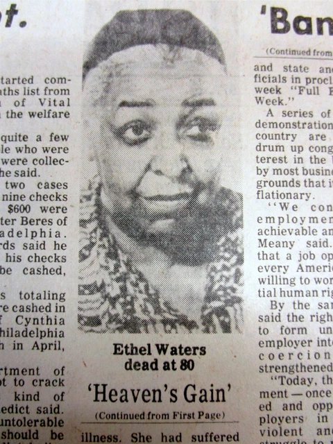 1977 NEWSPAPER DEATH of ETHEL WATERS obituary African-American singer ...