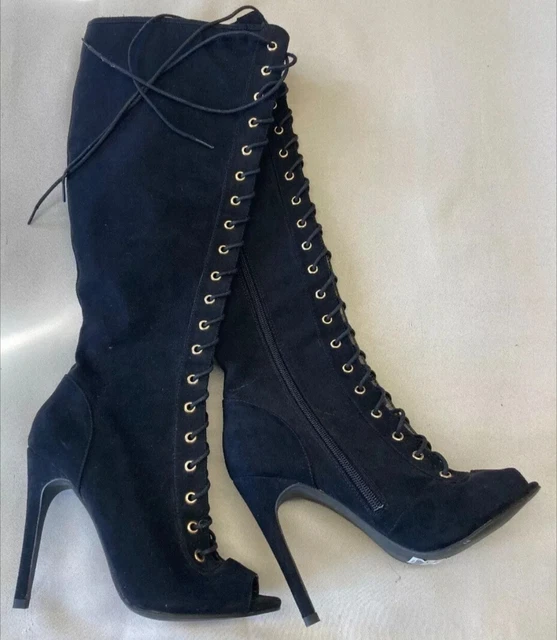 NEW LOOK BLACK Lace Open Toe Stiletto Heel Knee High Boots UK 5 Fetish ...