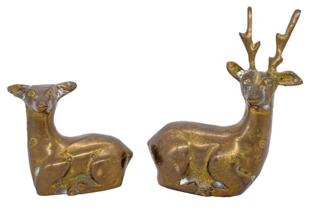 VINTAGE SOLID BRASS Deer Statues Resting Buck And Doe Figurines Made in ...