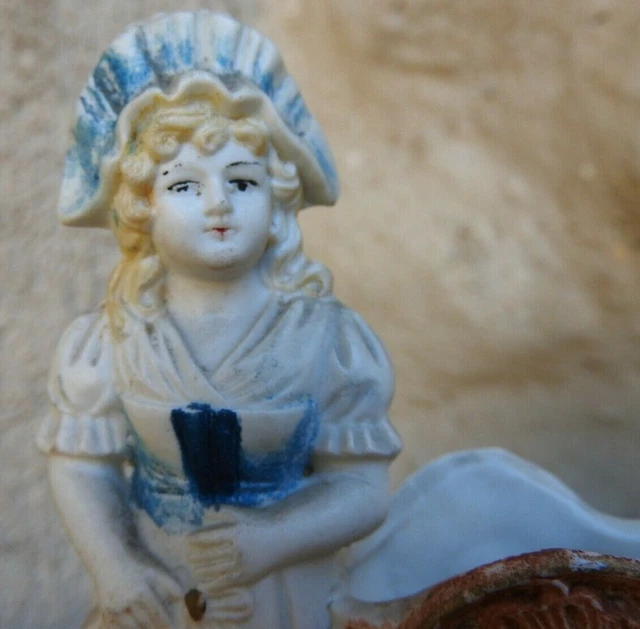 JARDINIÈRE VITRINE FILLETTE éventail Art Nouveau XIX Biscuit polychrome ...