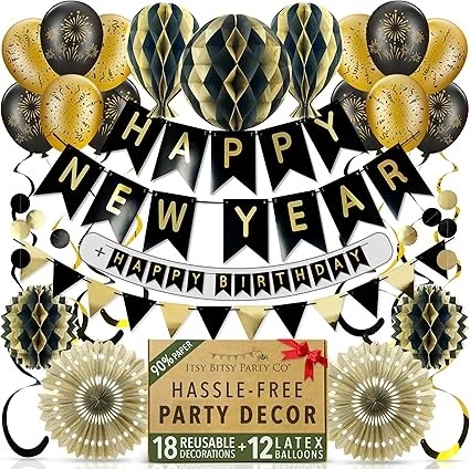 REUSABLE NEW YEAR’S Eve Decorations 2026 – Black & Gold Banner Set ...