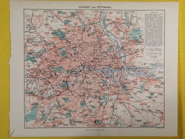 1900 LONDON ENGLAND City Vintage Geography Map ORIGINAL 11.5 x 9.5" C12 ...