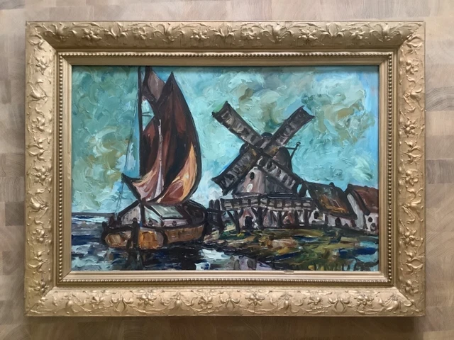 HERBERT KNAUFF (1897-1944) Gemälde Segelboot Windmühle Öl auf Hartfaser ...