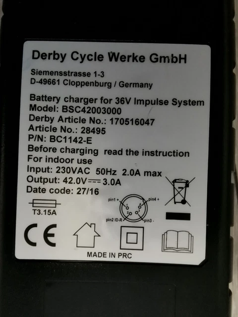 ORIGINAL DERBY CYCLE Werke, charger for electric bikes/Pedelec/Electric ...