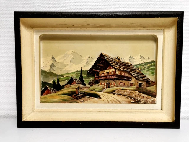 TABLEAU VINTAGE EN relief signé F. RAUGEL . sculpture sur bois . Chalet ...