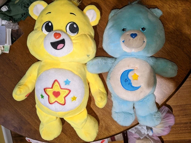 2X BIG CARE BEARS Vintage Blue BEDTIME +Yellow SUPERSTAR Plush SOFT ...