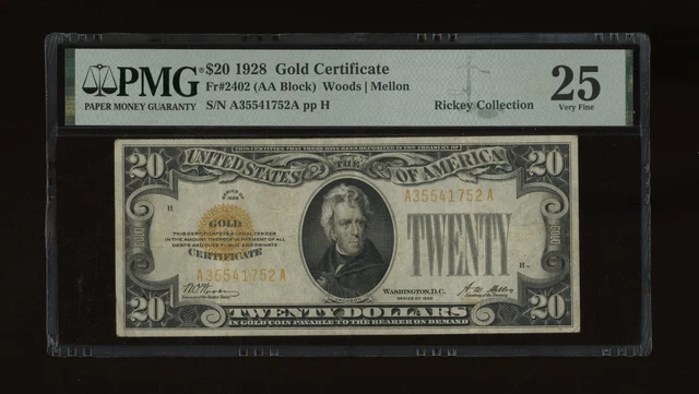 DBR 1928 $20 Gold Certificate Fr. 2402 PMG 25 Serial A35541752A $359.75 ...
