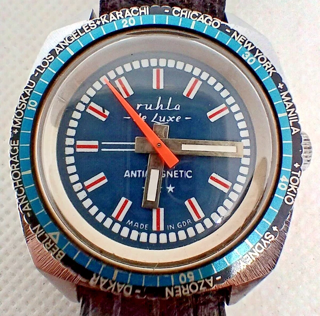 VINTAGE MEN'S DIVER watch RUHLA De Luxe World Time Made in GDR 70's. £ ...