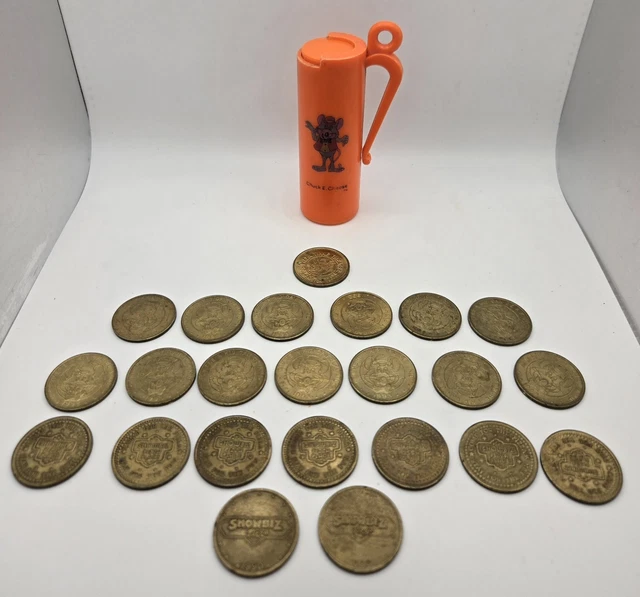VINTAGE CHUCK E Cheese/Showbiz Pizza Orange Plastic Token Dispenser ...