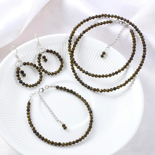 NATÜRLICH GOLDENER OBSIDIAN Perlen Silber Quaste Armband Halskette Unique Set EUR 33,73 ...