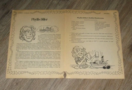 CELEBRITY COOKBOOK RECIPE Phyllis Diller original TWO magazine pages ...