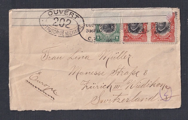 CANAL ZONE 1915 1C & 2C Pair On Ww1 Censored Cover Balboa To Zurich ...