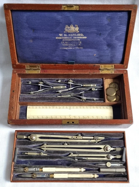 ANTIQUE SET DRAWING Instruments Fitted Mahogany Case Maker W. H ...