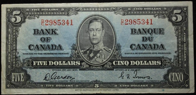 CANADA 1937 $5 Dollar Note, D/C2985341, Gordon/Towers, Nice Grade $35. ...
