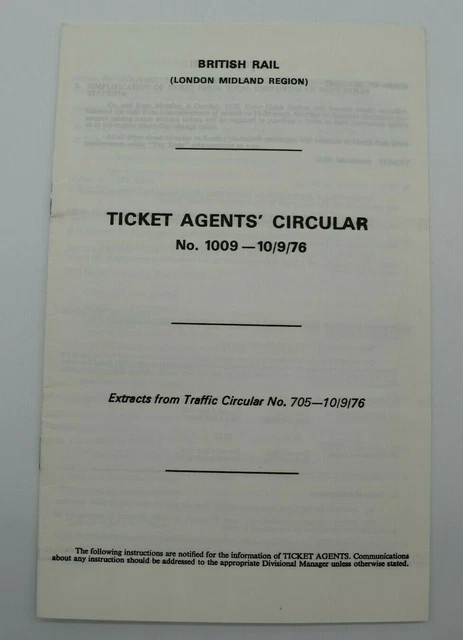 BRITISH RAIL (LM Region) Ticket Agents' Circular No.1009 10/9/76 EUR 6 ...
