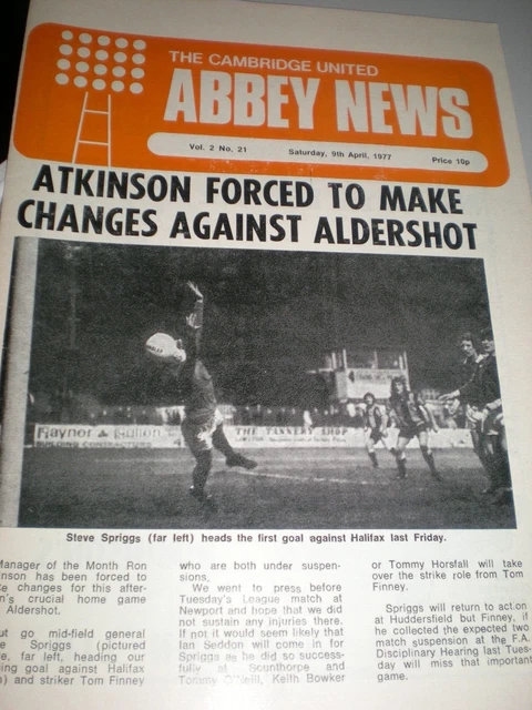 CAMBRIDGE UNITED V ALDERSHOT, 9th APRIL 1977, NO WRITING/STAPLES. £3.00 ...