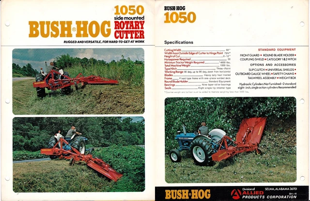 BUSH HOG SALES Brochure Side Mounted Rotary Cutter Model 1050 gprdc1 $4 ...